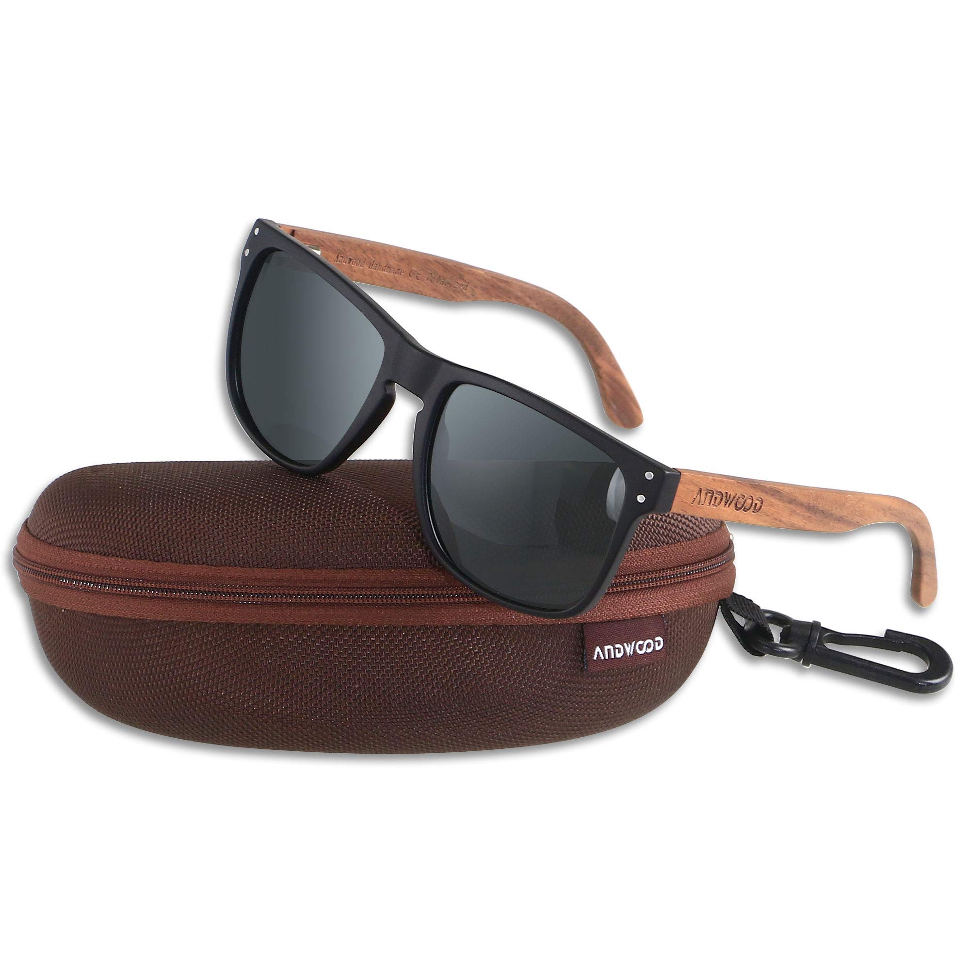 ANDWOOD Mens Sunglasses Polarized UV Protection Wooden Frame Beach Sun Glasses Womens Square Wood Shades Black