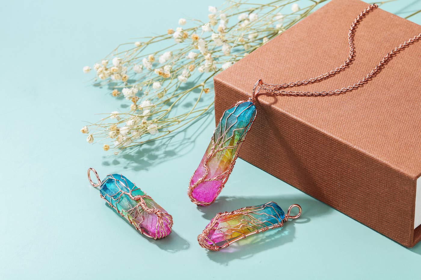 PESOENTH Life Tree Rainbow Quartz Crystal Gemstone Reiki Healing Rock Raw Stone Chakra Pendant Necklace Women Rose Gold Wire Wrap Gemstone Necklace Jewelry Gifts