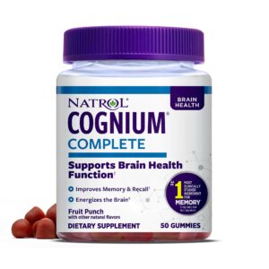 natrol cognium complete gummies, brain health support, improves memory & clarity, fruit punch flavored dietary supplement, drug free, 100mg, 50 gummies