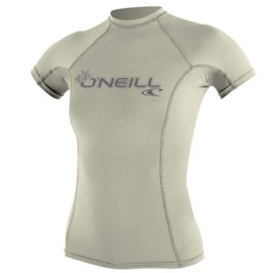 o'neill women's basic skins upf 50+ short sleeve rash guard, vanilla large