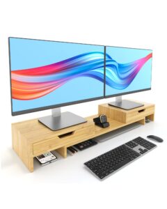 epesoware monitor stand with 2 drawers for desk, bamboo dual monitor riser, desk organizer, monitor shelf for computer laptop printer, no assembly required, natural