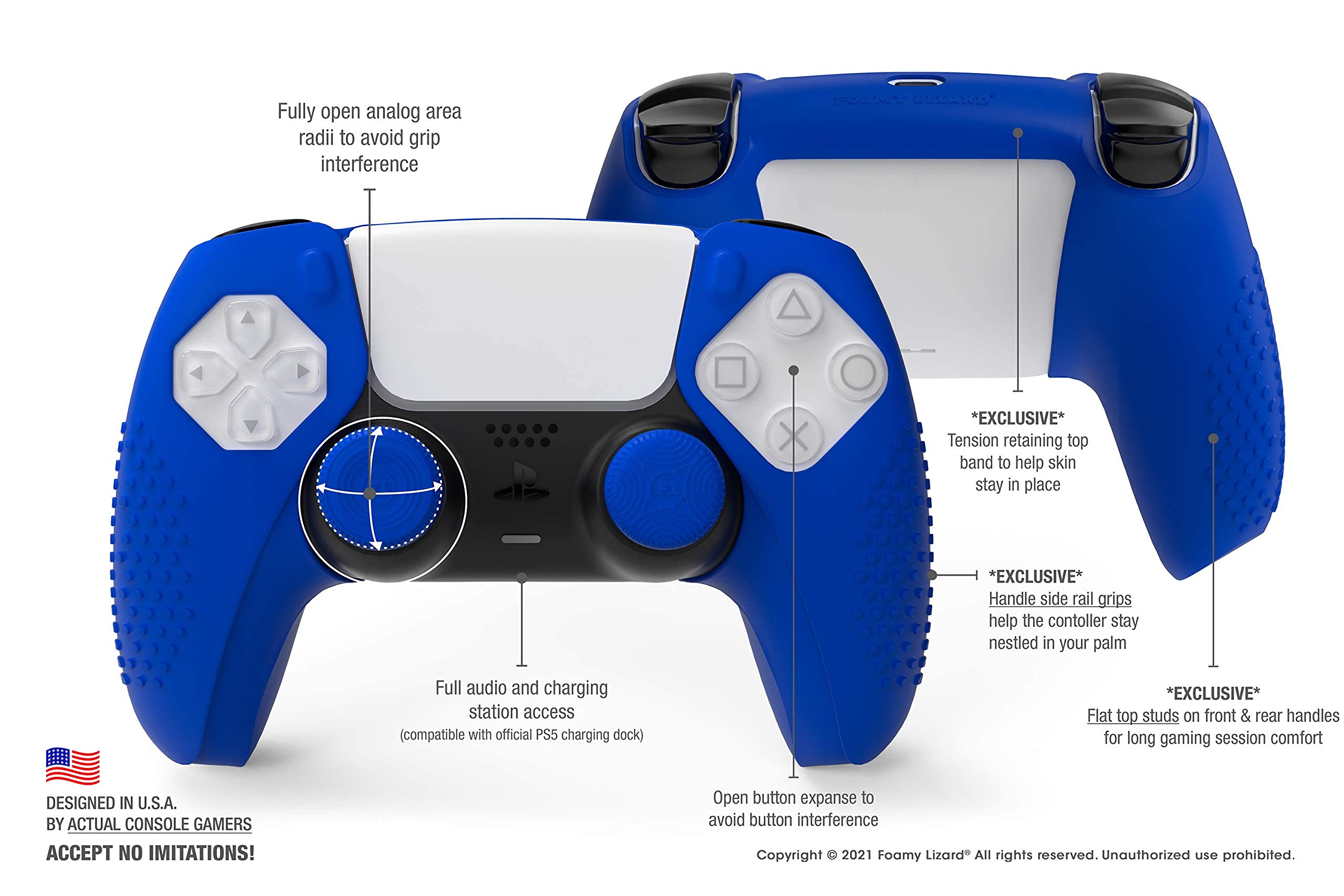 Foamy Lizard SensePro PS5 Controller Skin | Dock Compatible, Soft Flat Anti-Slip Studded Silicone Gel Grip Cover for PlayStation 5 Dualsense, Rubber Protector Plus 8 Raised Thumb Grip Caps (Blue)