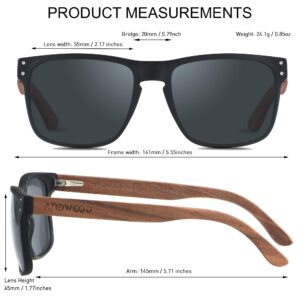 ANDWOOD Mens Sunglasses Polarized UV Protection Wooden Frame Beach Sun Glasses Womens Square Wood Shades Black