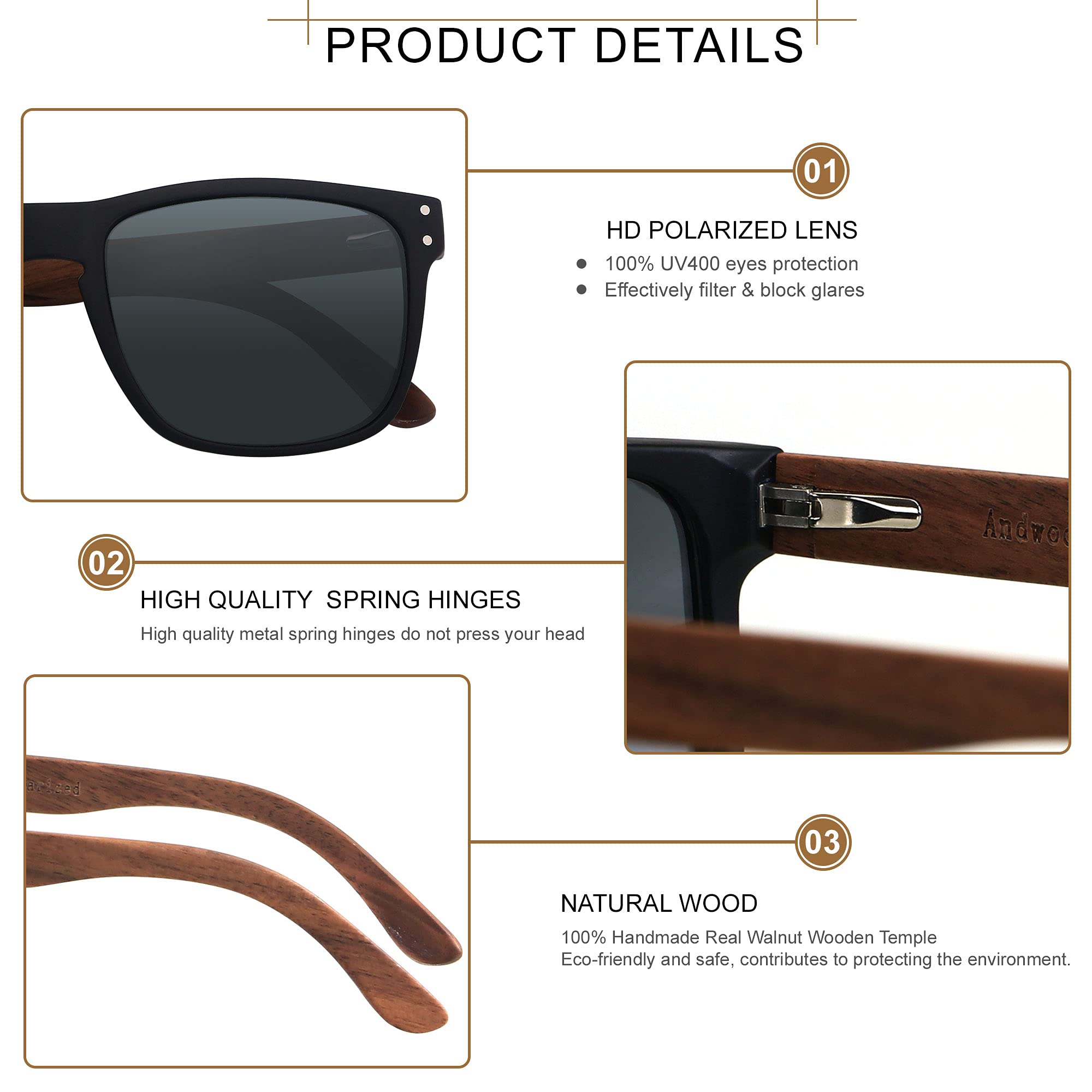 ANDWOOD Mens Sunglasses Polarized UV Protection Wooden Frame Beach Sun Glasses Womens Square Wood Shades Black