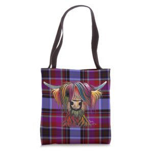 highland cow print animal print ' oliver on tartan ' tote bag