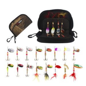 16pcs fishing lures,spinner baits lures,fishing gifts for men, bass fishing baits for freshwater saltwater,portable tackle bag included