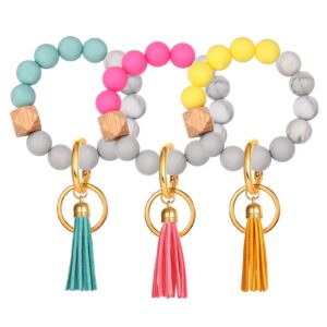 hzeyn 3 pack silicone bead keyring bracelet wristlet keychain tassel stretch key ring bangle bracelet office house door car key ring holder