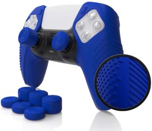 foamy lizard sensepro ps5 controller skin | dock compatible, soft flat anti-slip studded silicone gel grip cover for playstation 5 dualsense, rubber protector plus 8 raised thumb grip caps (blue)