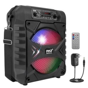 pyle portable bluetooth pa speaker system - 300w rechargeable indoor/outdoor bluetooth speaker portable pa system w/ 8” subwoofer, aux, microphone in, party lights, mp3/usb, radio, remote pphp854b