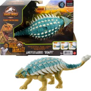 mattel jurassic world camp cretaceous roar attack ankylosaurus bumpy posable dinosaur action figure toy, strike feature & sounds