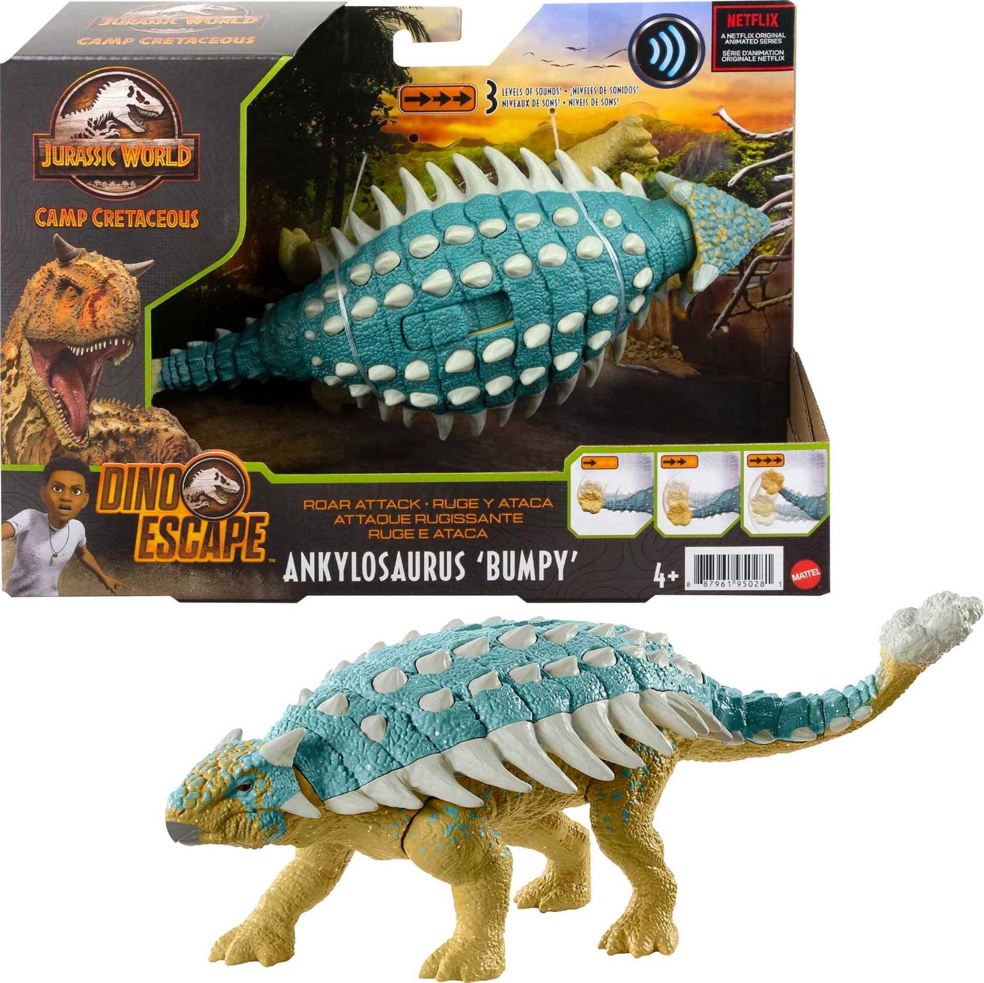 Mattel Jurassic World Camp Cretaceous Roar Attack Ankylosaurus Bumpy Posable Dinosaur Action Figure Toy, Strike Feature & Sounds