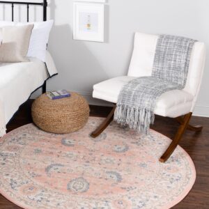 Unique Loom Whitney Collection Traditional Border Powder Pink Round Rug (3' 3 x 3' 3)