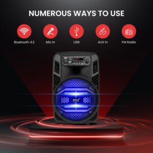 Pyle Portable Bluetooth PA Speaker System - 300W Rechargeable Outdoor Bluetooth Speaker Portable PA System w/ 8” Subwoofer 1” Tweeter, Microphone In, Party Lights, MP3/USB, Radio, Remote -PPHP835B