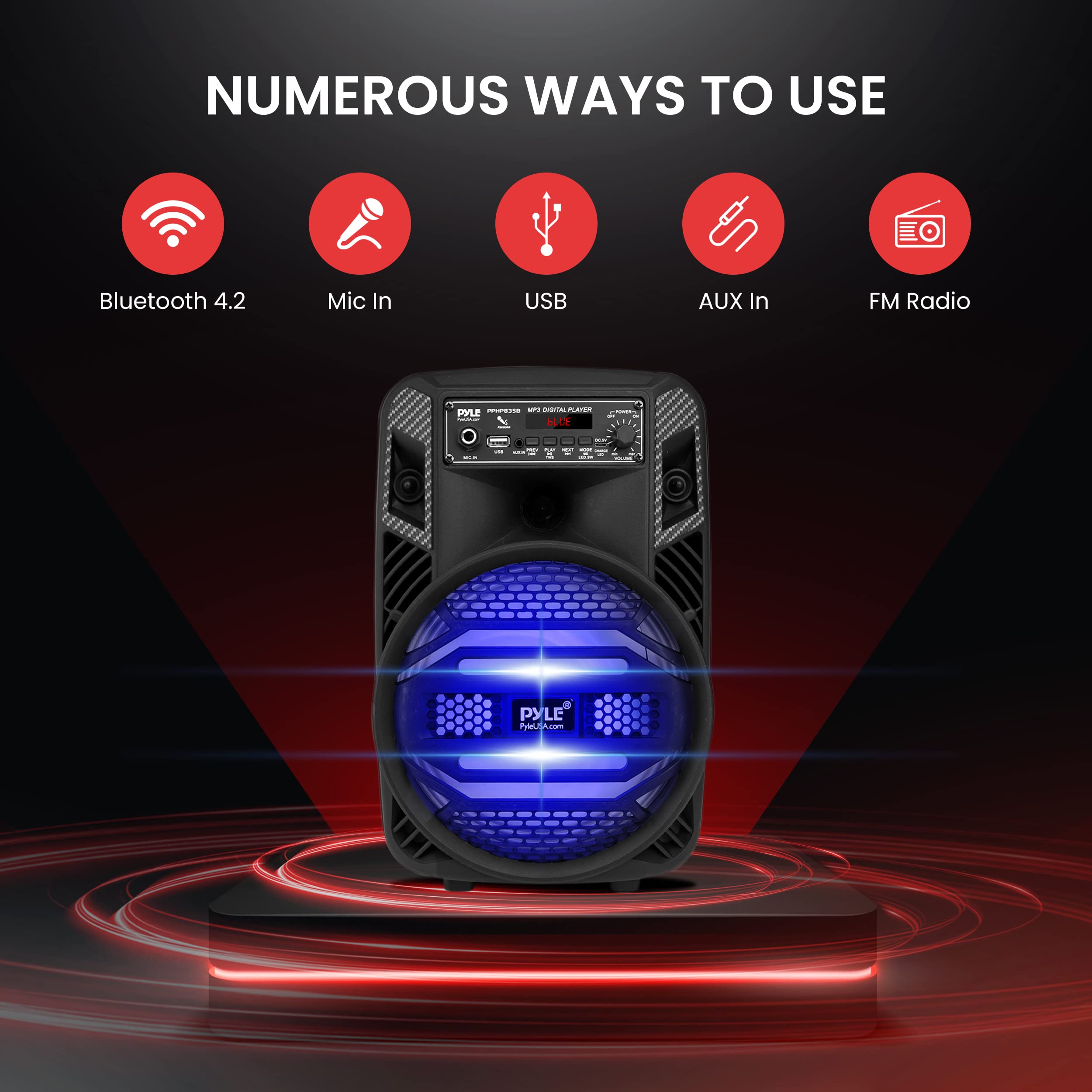 Pyle Portable Bluetooth PA Speaker System - 300W Rechargeable Outdoor Bluetooth Speaker Portable PA System w/ 8” Subwoofer 1” Tweeter, Microphone In, Party Lights, MP3/USB, Radio, Remote -PPHP835B