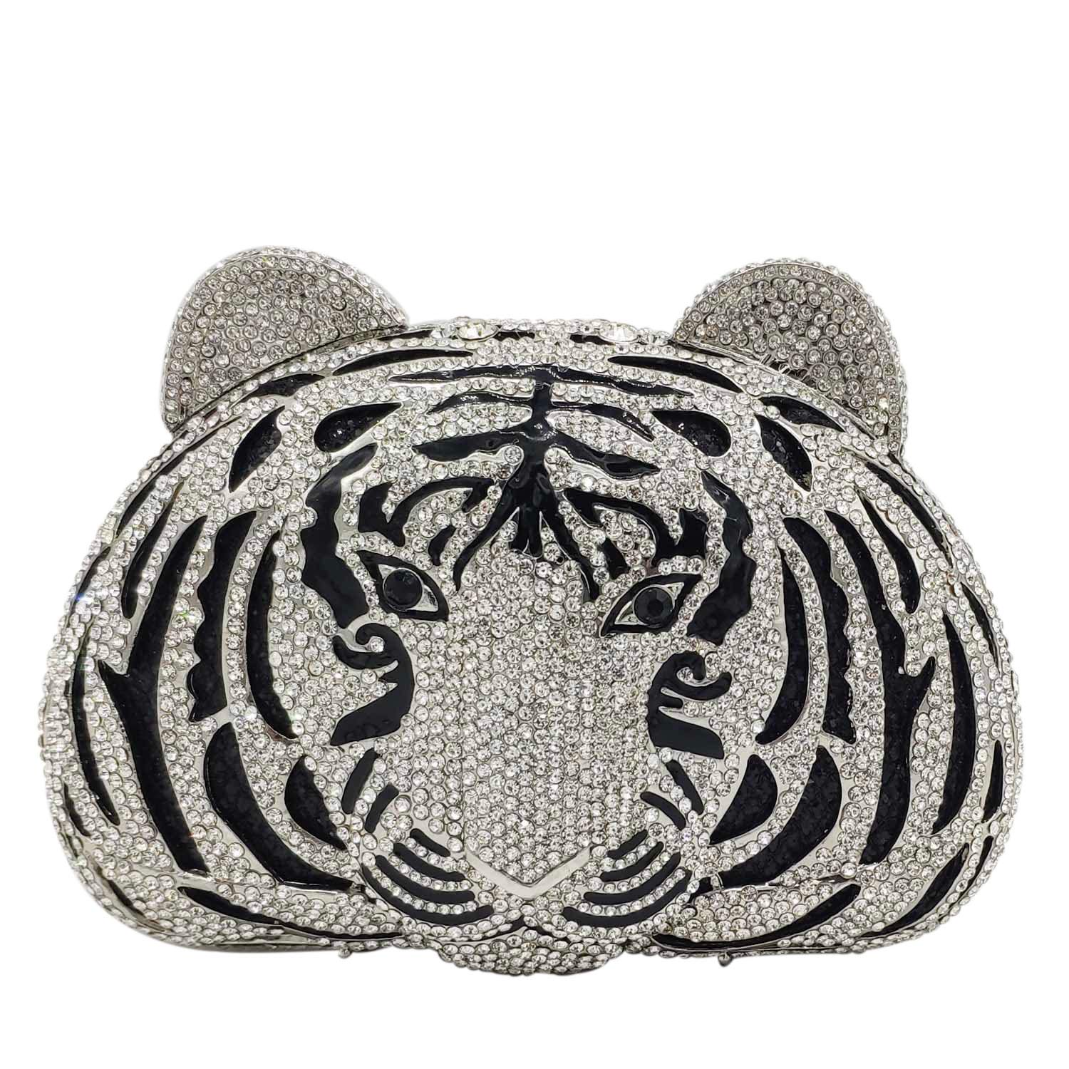 Boutique De FGG Tiger Clutch Purse for Women Evening Bags Formal Party Prom Rhinestone Handbags and Purses (Silver)