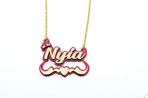 Name Necklace Plate Personalized Custom Nameplate and 1.5" Bamboo Gold Earrings With Swirls Heart and Crown on Top Jewelry Set Color Choice Laser Cut Gold Script Cursive Letters, Quality Gold Chain