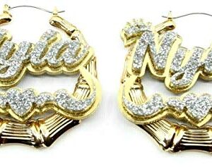 Personalized Custom Gold Hoop Bamboo Earrings Name Plate Laser Cut Design Stunning Look - Quality, Attractive Gold Hoop Earrings With Swirls Heart and Crown on Top, Made To Order - 2.5 INCHES size