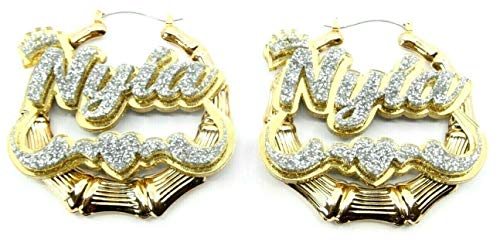 Personalized Custom Gold Hoop Bamboo Earrings Name Plate Laser Cut Design Stunning Look - Quality, Attractive Gold Hoop Earrings With Swirls Heart and Crown on Top, Made To Order - 2.5 INCHES size