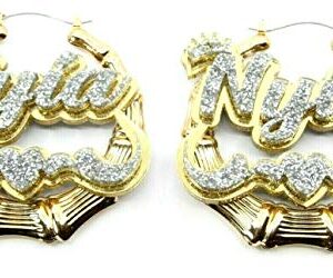 Personalized Custom Gold Hoop Bamboo Earrings Name Plate Laser Cut Design Stunning Look - Quality, Attractive Gold Hoop Earrings With Swirls Heart and Crown on Top, Made To Order - 2.5 INCHES size