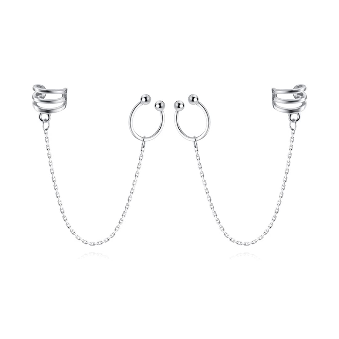 Reffeer Solid 925 Sterling Silver Cuff Chain Earrings Wraps for Women Wrap Earrings Non Piercing Ear Cuffs (A-Silver)