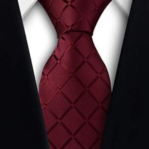 GUSLESON 3.15"（8cm） Men's Burgundy Plaid Tie Fashion Necktie Clip and Pocket Square Cufflinks Sets (6102-30)