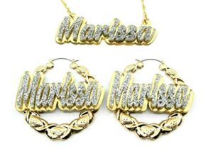 name necklace plate personalized custom nameplate and 2.5" xoxo gold earrings made to order any name jewelry set laser cut diamond look glitter script cursive letters, quality gold chain, stunning