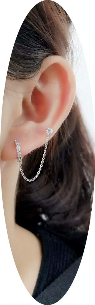 8mm CZ Small Hoop Earrings Dainty Clear Crystal Cartilage Stainless Steel 20g Screw Back Threader Chain Drop Dangle Stud Delicate Double Holes Cuff Wrap Crawler Climbers Hypoallergenic Studs (Silver)