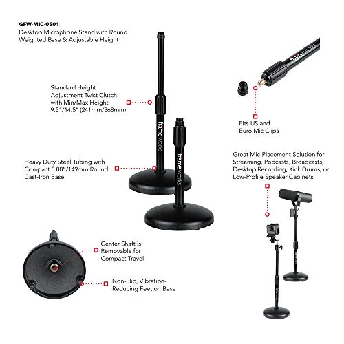 Gator Frameworks Desktop Microphone Stand with Round Weighted Base & Adjustable Height (GFW-MIC-0501)