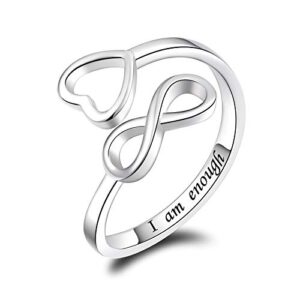 jinlou 925 sterling silver infinity ring inspirational personalized adjustable rings birthday graduation gift for women teen（i am enough）