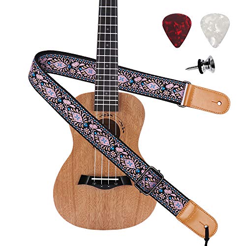 Ukulele Strap, IHOBOR Hawaiian Jacquard Pink Flower Ukelele Shoulder Strap, Suitable for Soprano Concert Tenor Baritone String Instruments