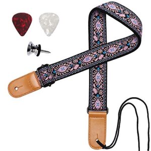 ukulele strap, ihobor hawaiian jacquard pink flower ukelele shoulder strap, suitable for soprano concert tenor baritone string instruments