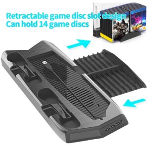 OSTENT Multi-Function Vertical Stand, Charging Station Dock, Cooling Fan, Retractable Game Storage Bracket for Sony PS5 Disc/Digital Edition Console DualSense Controller