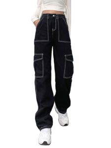 icnglksnd womens girls high waisted baggy jeans straight wide leg denim pants y2k trousers streetwear with big pockets (black, l)