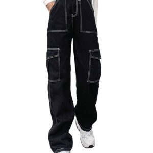 ICNGLKSND Womens Girls High Waisted Baggy Jeans Straight Wide Leg Denim Pants Y2K Trousers Streetwear with Big Pockets (Black, L)