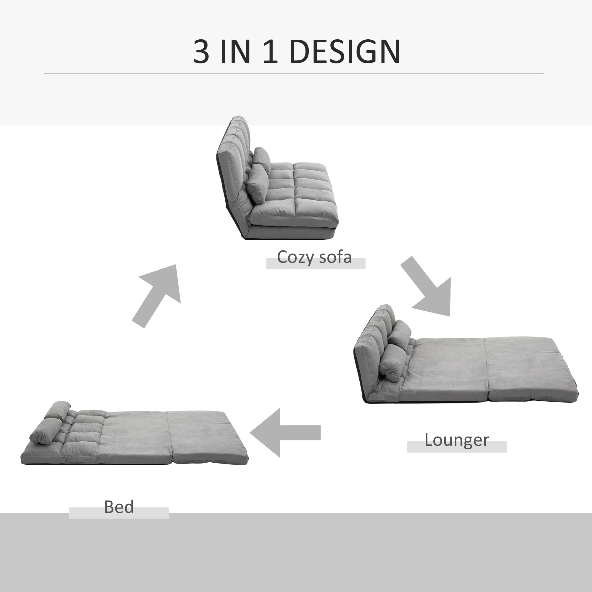 HOMCOM Convertible Floor Sofa Chair, Folding Couch Bed, Guest Chaise Lounge with 2 Pillows, Adjustable Backrest and Headrest, 40.25" L, Light Gray