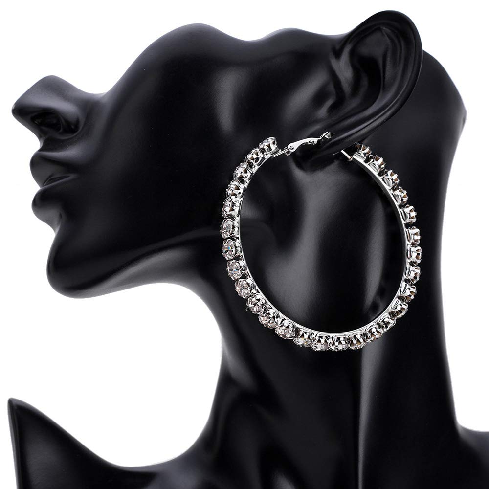 Xerling Large Rhinestones Circle Hoop Earrings Big Crystal Hoop Earrings Full Clear Rhinestones Bridal Earrings (Silver)