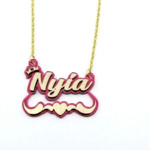 Name Necklace Plate Personalized Custom Nameplate and 2.5" Bamboo Gold Earrings With Swirls Heart and Crown on Top Jewelry Set Color Choice Laser Cut Gold Script Cursive Letters, Quality Gold Chain