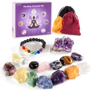 smartyeen healing crystals set,17pcs crystal healing stones kit include 7 raw chakra stones,7 tumbled stones,amethyst crystal,lava bracelet and selenite for yoga, meditation