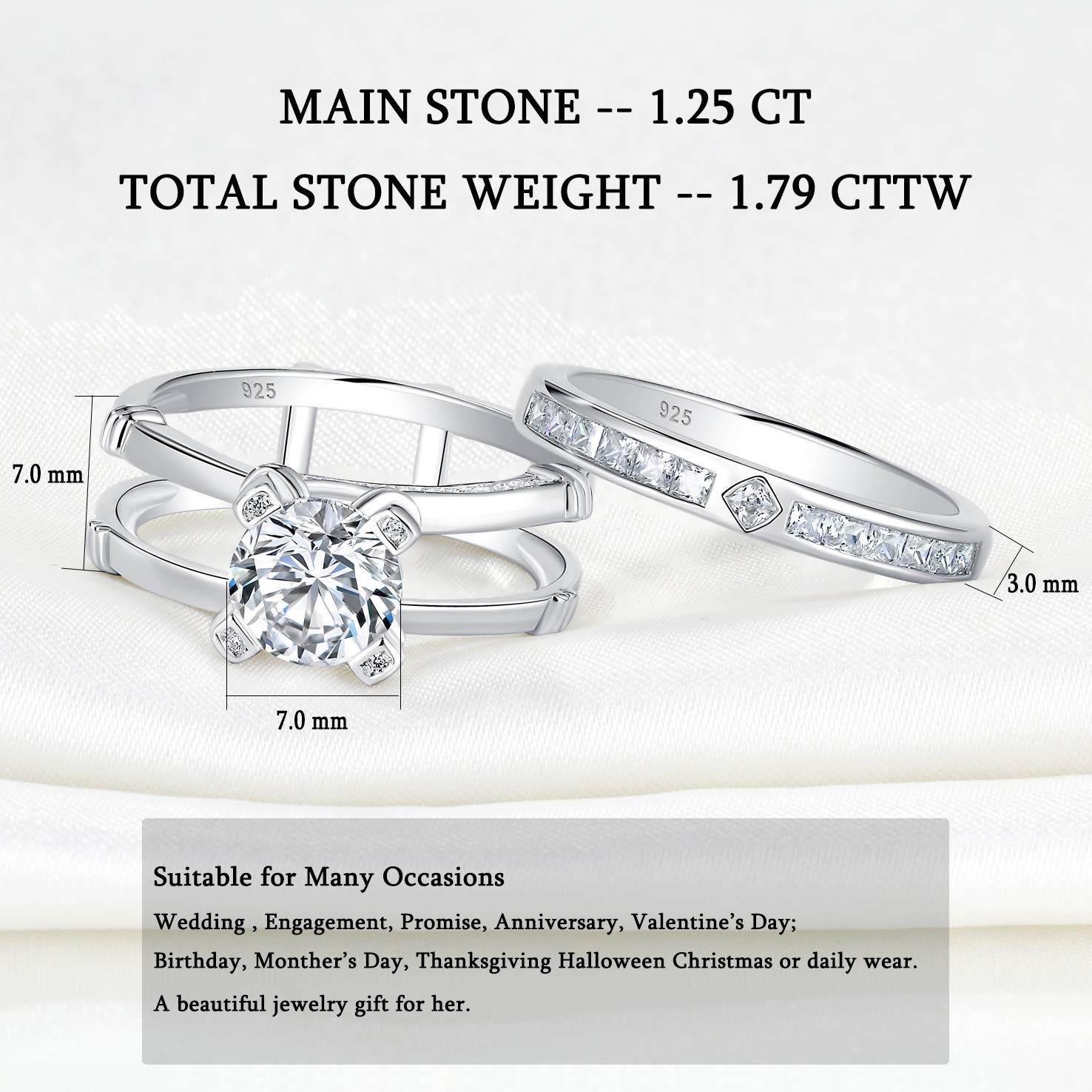 Blongme Wedding Engagement Rings Set for Women 925 Sterling Silver Round CZ Anniversary Band Promise Bridal Size 7