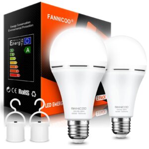 fannicoo rechargeable emergency light bulbs led bulbs 1500mah battery backup for power outage 15w 80w equivalent 6500k light bulbs widely used in home camping hiking (2 pack daylight)