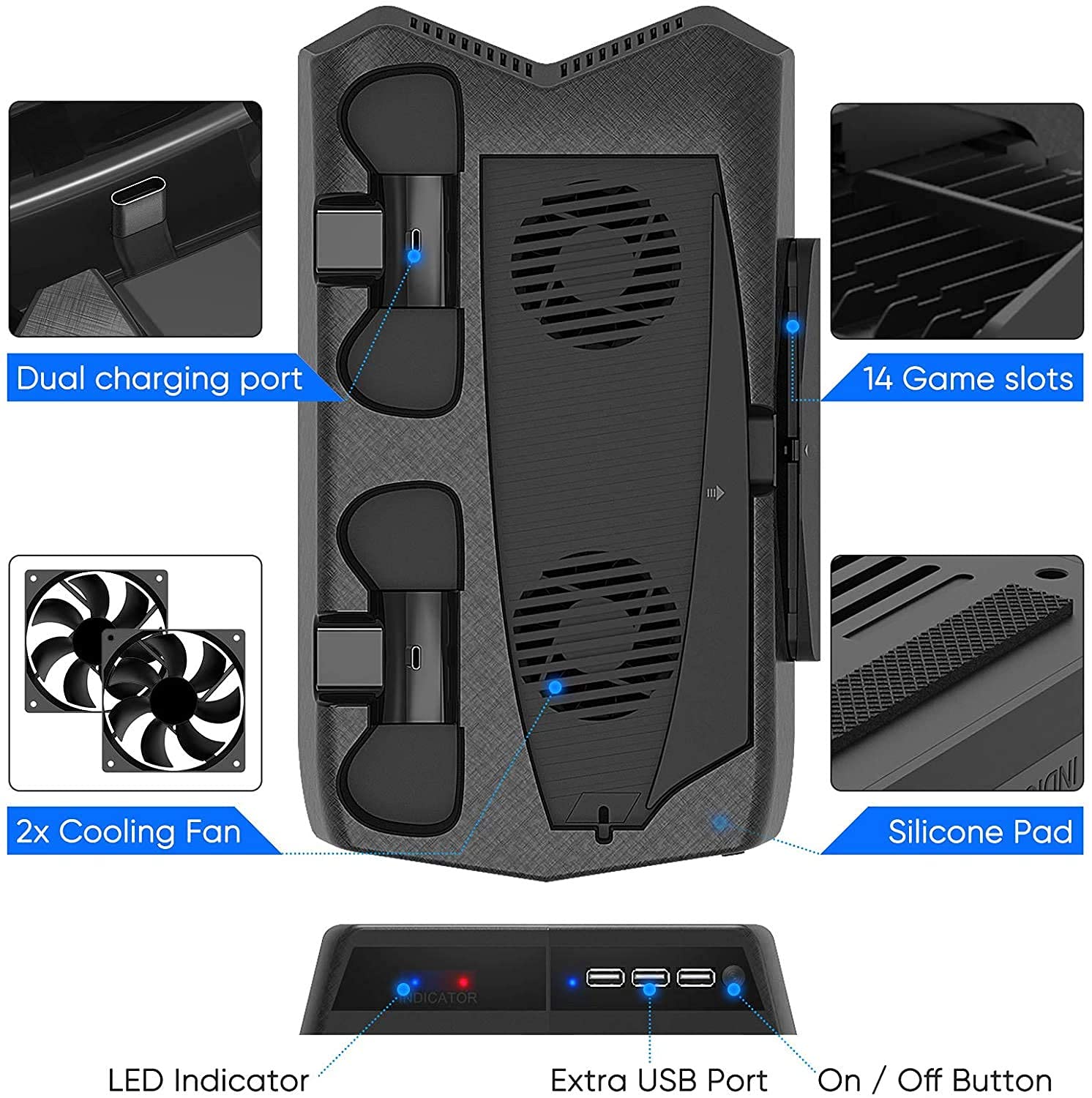 OSTENT Multi-Function Vertical Stand, Charging Station Dock, Cooling Fan, Retractable Game Storage Bracket for Sony PS5 Disc/Digital Edition Console DualSense Controller