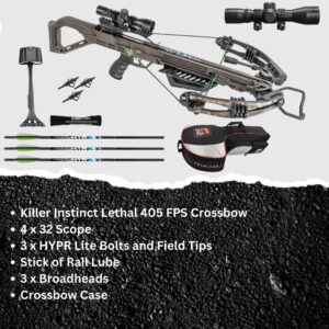 Killer Instinct Lethal 405 FPS Crossbow Bundle with Crossbows Slayer Crossbow Case, and Fixed-Blade Steel Tip 100-Grain Hunting Broadheads (3-Pack)