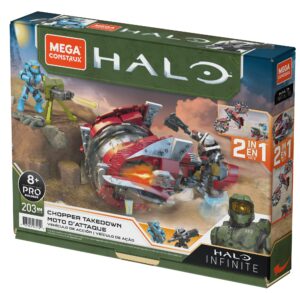 mega halo infinite toy vehicle building sets, chopper takedown motorcycle with 2 poseable, collectable micro action figures and accessories