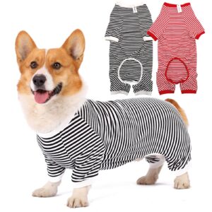 dog pajamas cotton striped pup jumpsuit, breathable 4 legs basic pjs shirts for puppy and cat, super soft stretchable dog jammies boys girls (medium, white red+black)