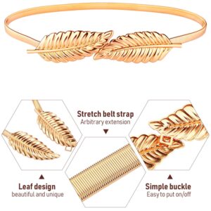 2 Pieces Women's Metal Chain Leaves Belt Skinny Elastic Stretchy Decorative Waistband Adjustable Interlock Buckle for Dress Jeans, Skirts and Pants, Silver and Gold