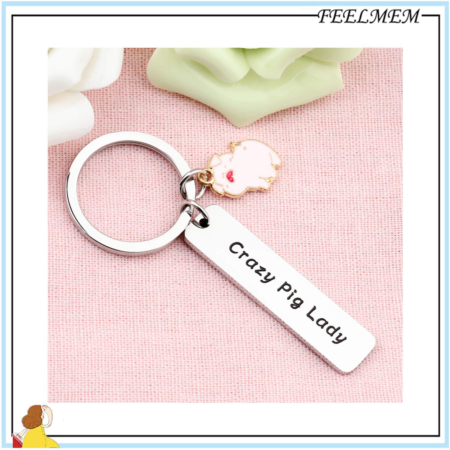 FEELMEM Pet Animal Jewelry Crazy Pig Lady Keychain Pig Charm Keychain Animal Lover Gift Pig Owner Gift (Crazy Pig Lady)