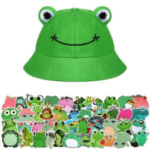 syhood frog bucket hat or cow flamingo hat with 50 stickers summer outdoor foldable wide brim fisherman hat fishing sun hat(frog style)