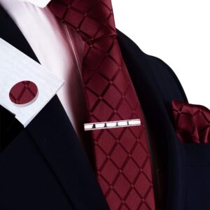 GUSLESON 3.15"（8cm） Men's Burgundy Plaid Tie Fashion Necktie Clip and Pocket Square Cufflinks Sets (6102-30)