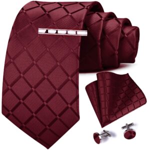 gusleson 3.15"（8cm） men's burgundy plaid tie fashion necktie clip and pocket square cufflinks sets (6102-30)