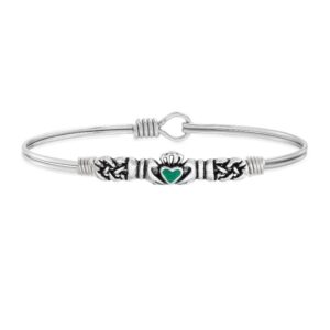 luca + danni green irish claddagh bangle bracelet with celtic knot for women - silver tone regular size made in usa